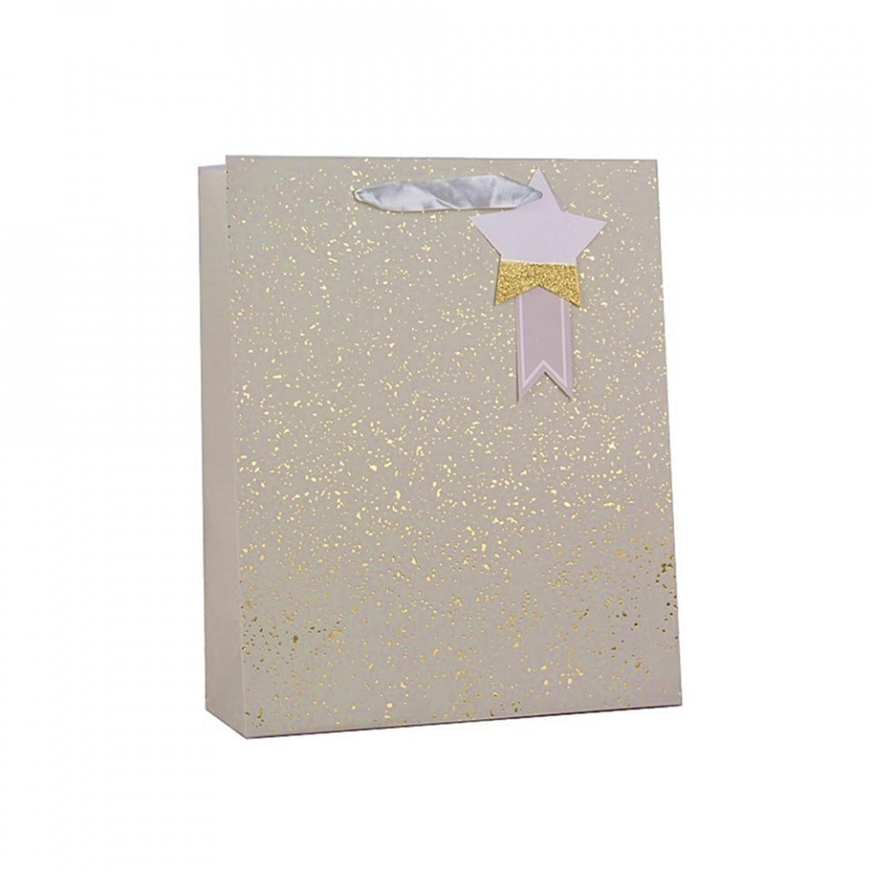 Sacosa hartie cadou cu sclipici - fundal bej, 26 x 36 x 12 cm - eMAG.ro