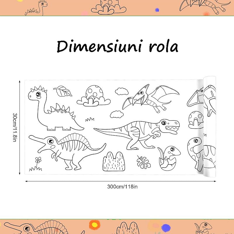 Rola hartie cu desene de colorat, PROCART, model dinozauri, hartie ...