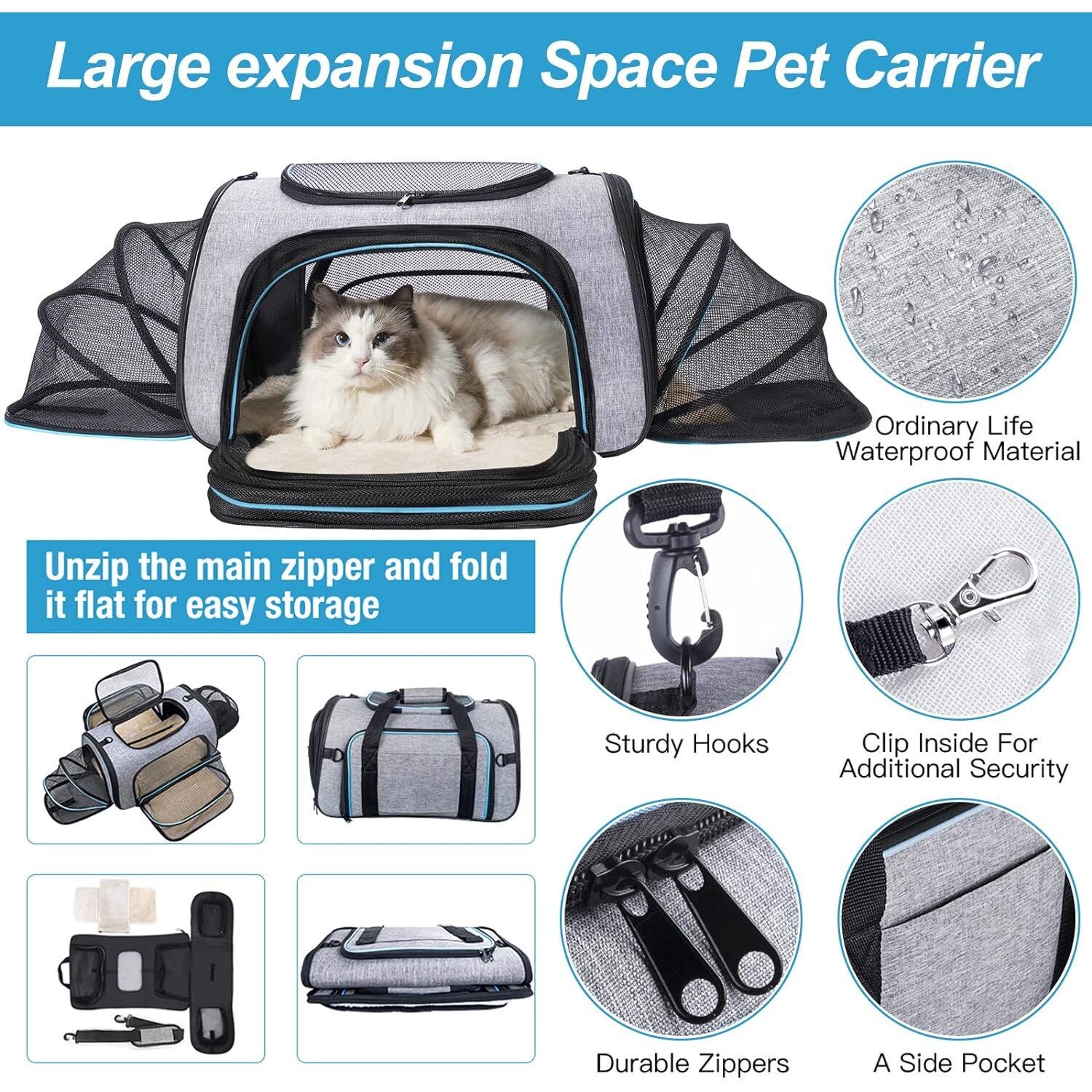 Geanta pentru transport animale mici, MOSMAOO®, Extensibil pe 2 parti ...