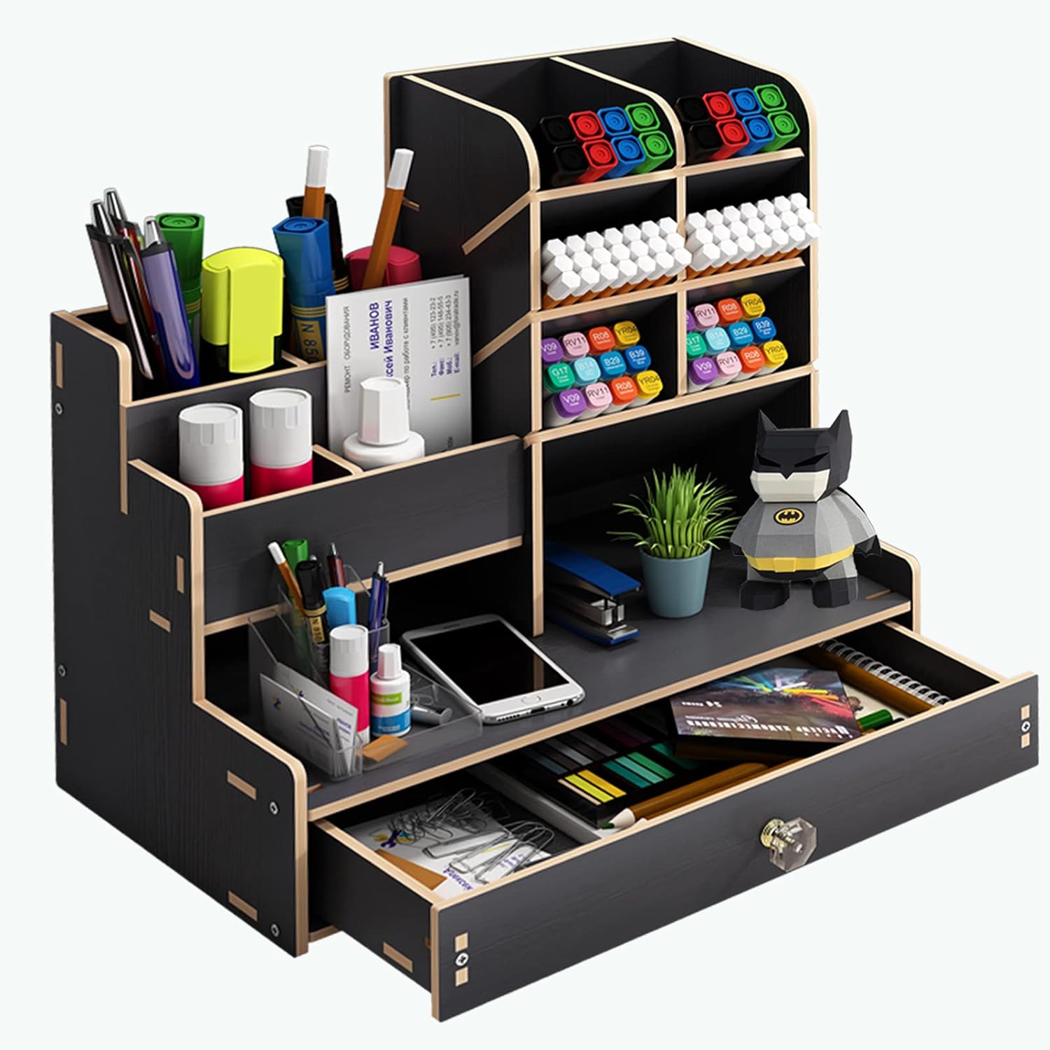 Organizator pentru birou, MOSMAOO®, 13 Compartimente, Lemn, 25.4 x 24.5 ...