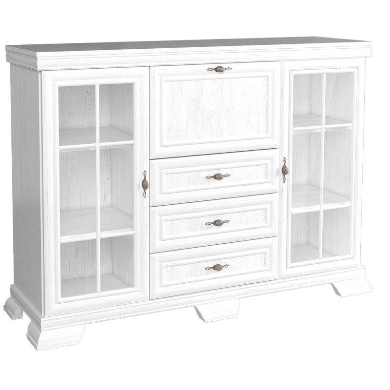 Vitrina living VM6, 3 usi, 3 sertare, Alb Antichizat, 158 x 46 x 117 cm ...