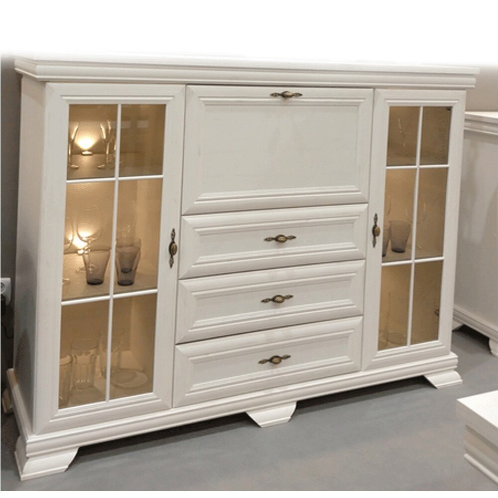 Vitrina living VM6, 3 usi, 3 sertare, Alb Antichizat, 158 x 46 x 117 cm ...