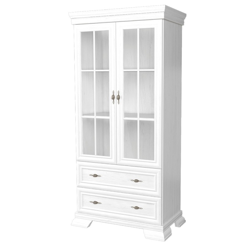 Vitrina living VMW2, 2 usi, 2 sertare, Alb Antichizat, 88 x 40 x 193 cm ...