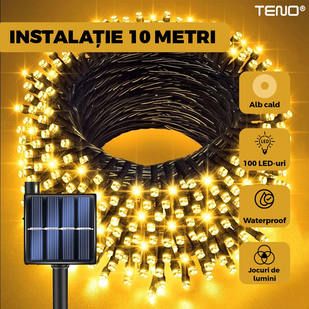 Instalatie de Craciun Liniara cu Panou Solar Teno®, 100 LED-uri, 8 ...