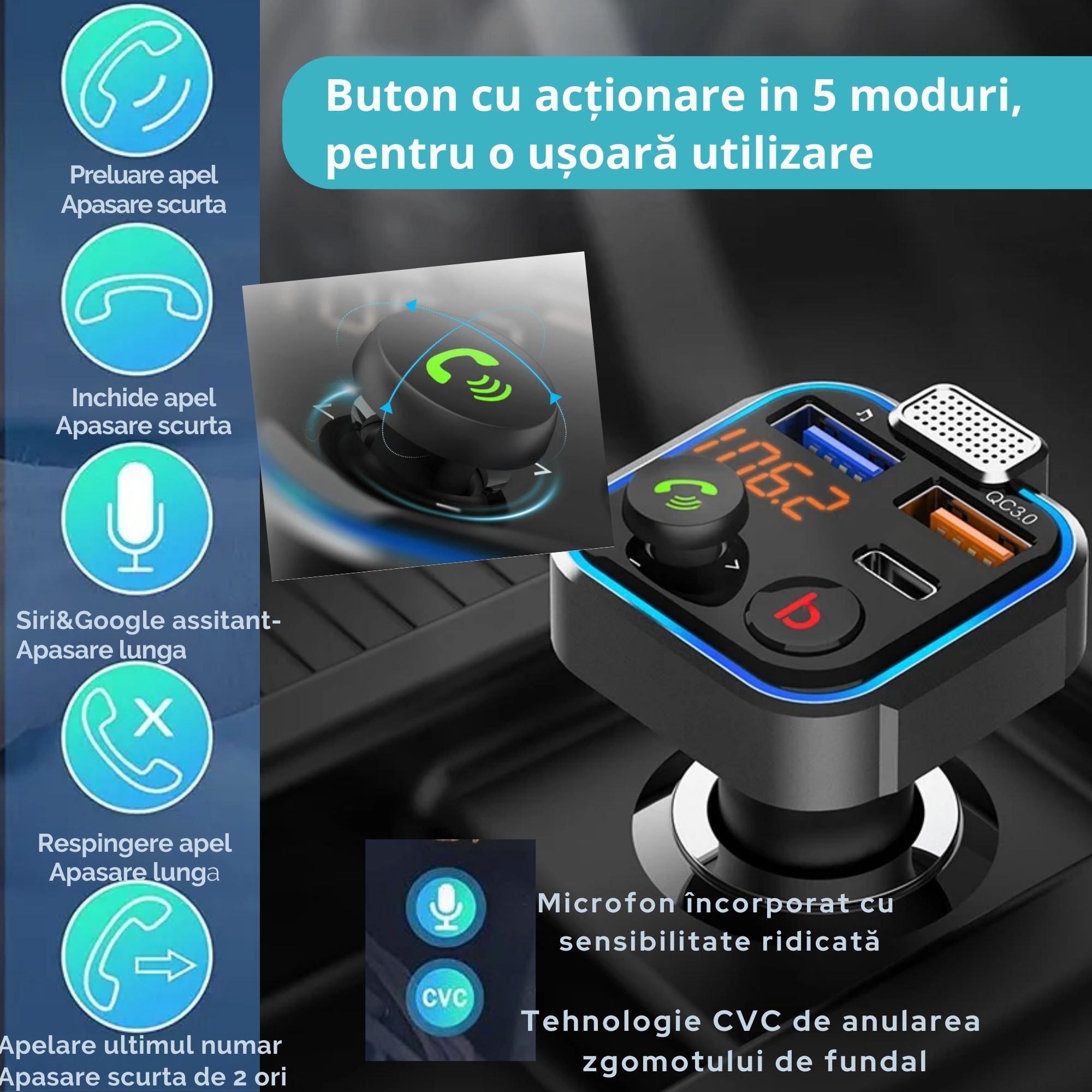 Modulator FM cu Bluetooth 5.0 Lefy, cu functie de incarcare rapida 20W ...