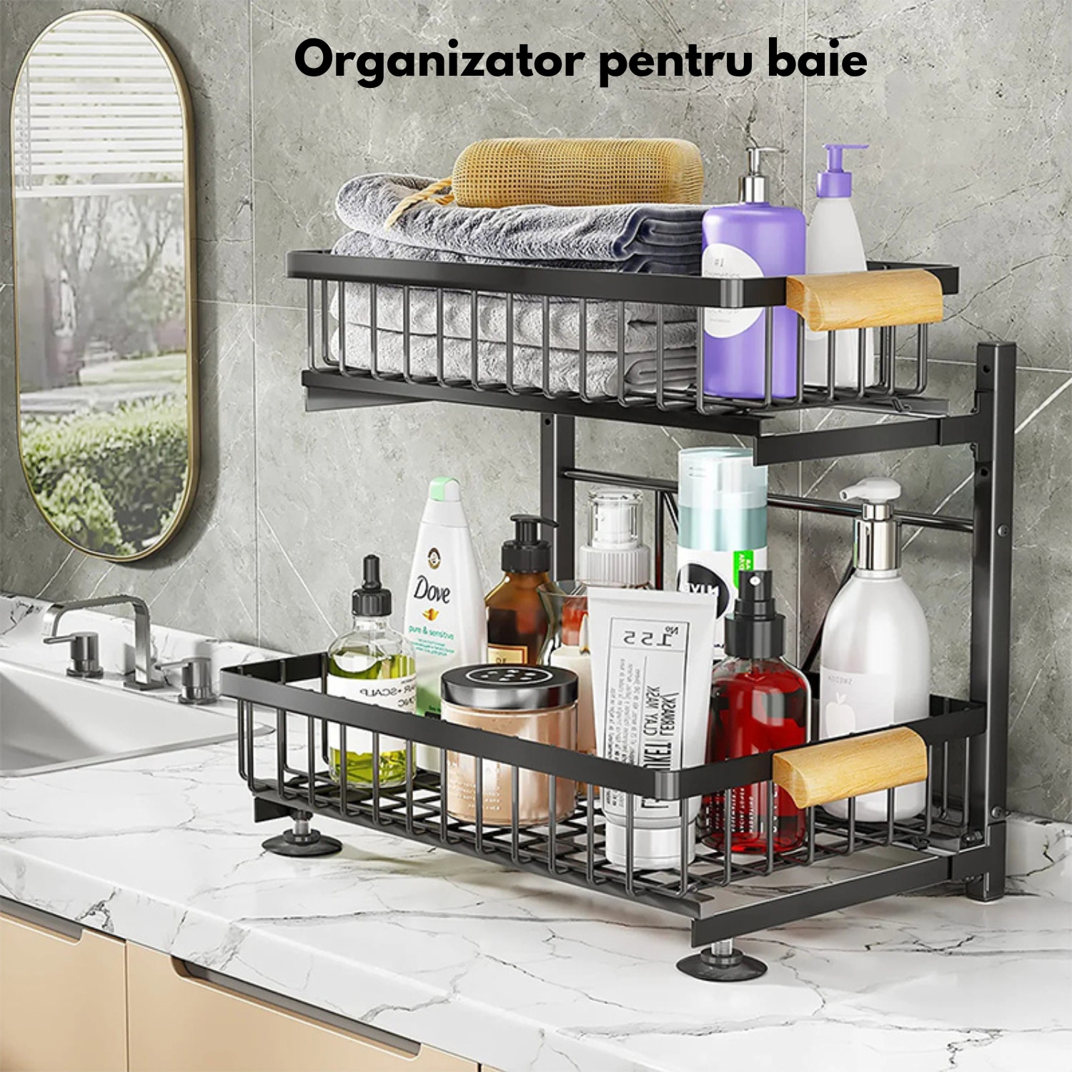 Organizator pentru bucatarie - baie, raft metalic, 2 nivele, cosuri ...