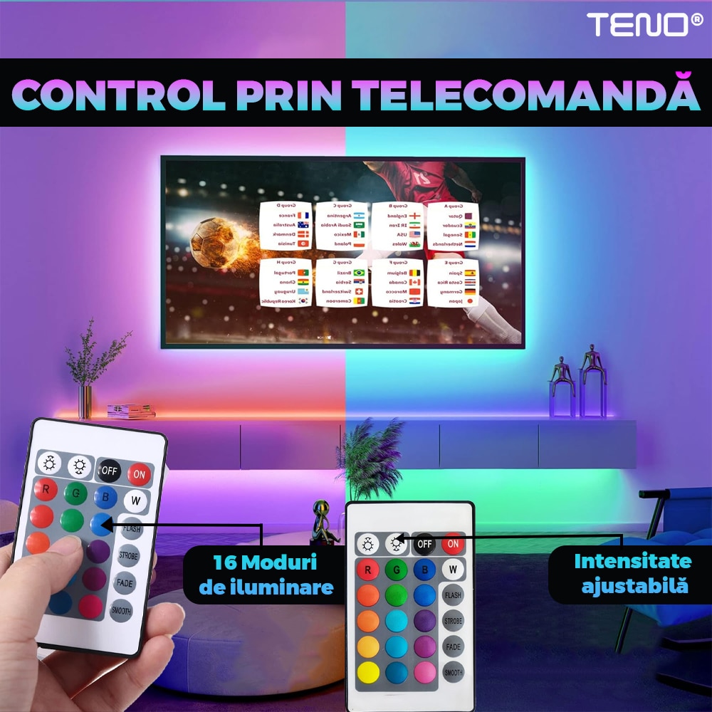 Kit Banda Led Rgb Teno® Inteligenta Cu Intensitate De Lumina Si Culori