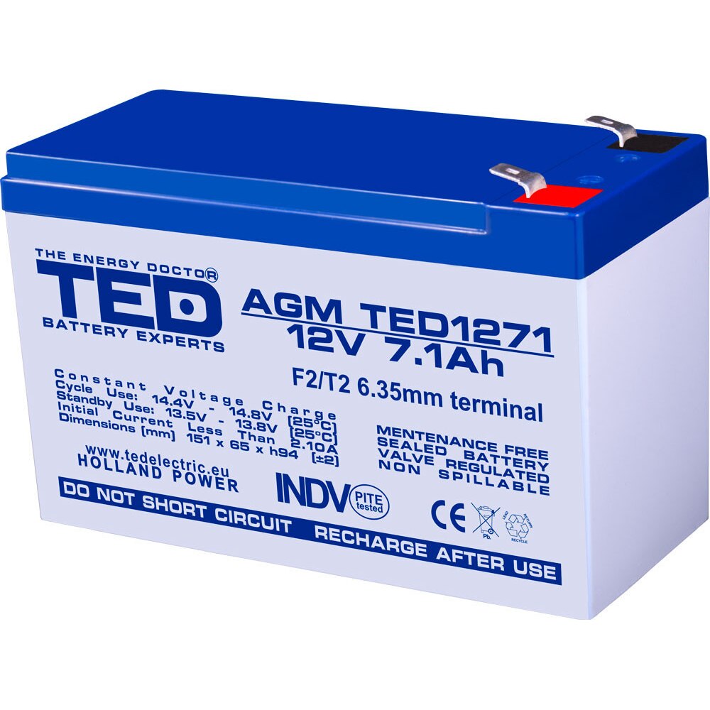 Оловна батерия TED ELECTRIC, AGM, 12V, 7Ah, 151/ 65/ 94 mm, Терминал2 ...