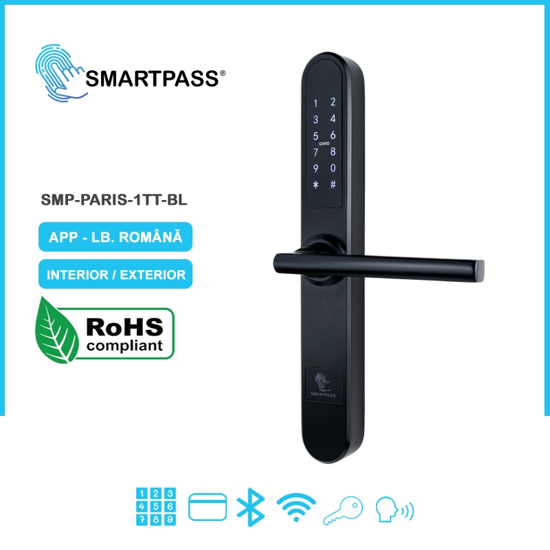 Incuietoare Inteligenta SMARTPASS, Paris, Bluetooth, WiFi, Cod, Card, Cheie, Negru - eMAG.ro