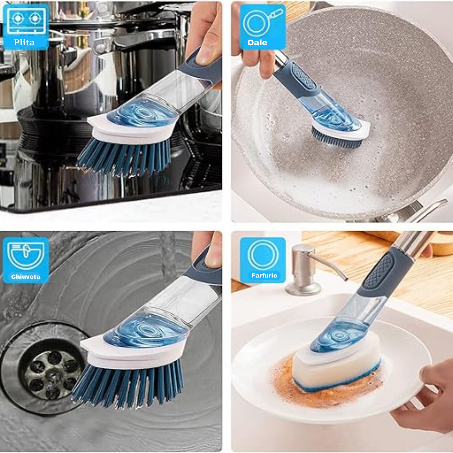 Perie pentru vase 4 in 1, de inalta calitate, cu dozator de detergent ...