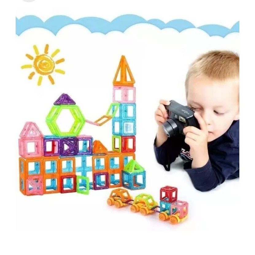 Joc constructii magnetice 3D, Magnetic Tiles 148 piese, STEM ...