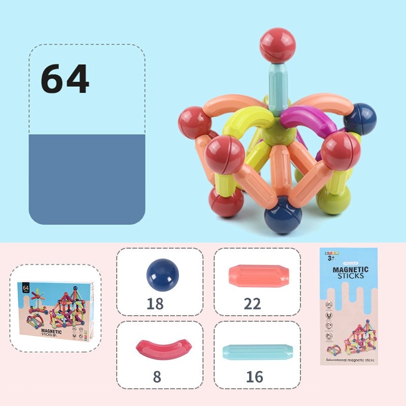 Интерактивна магнитна конструираща игра, Magnetic Sticks STEM 64 части ...