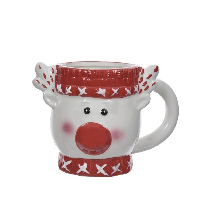 Cana ceramica de Craciun, alba, model ren cu nas rosu, 3D, 360 ml - eMAG.ro