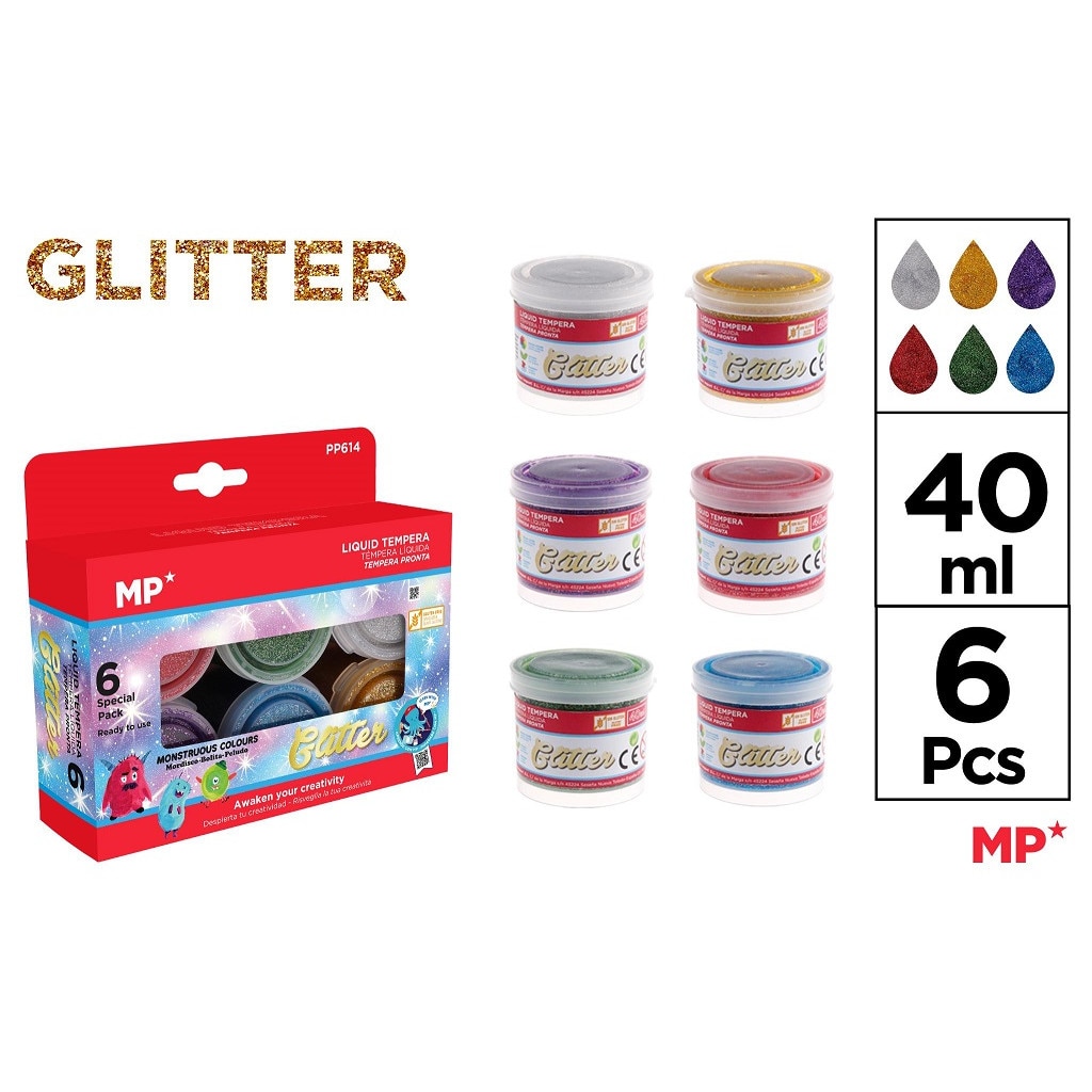 Set 6 culori tempera, glitter, 40 ml - eMAG.ro