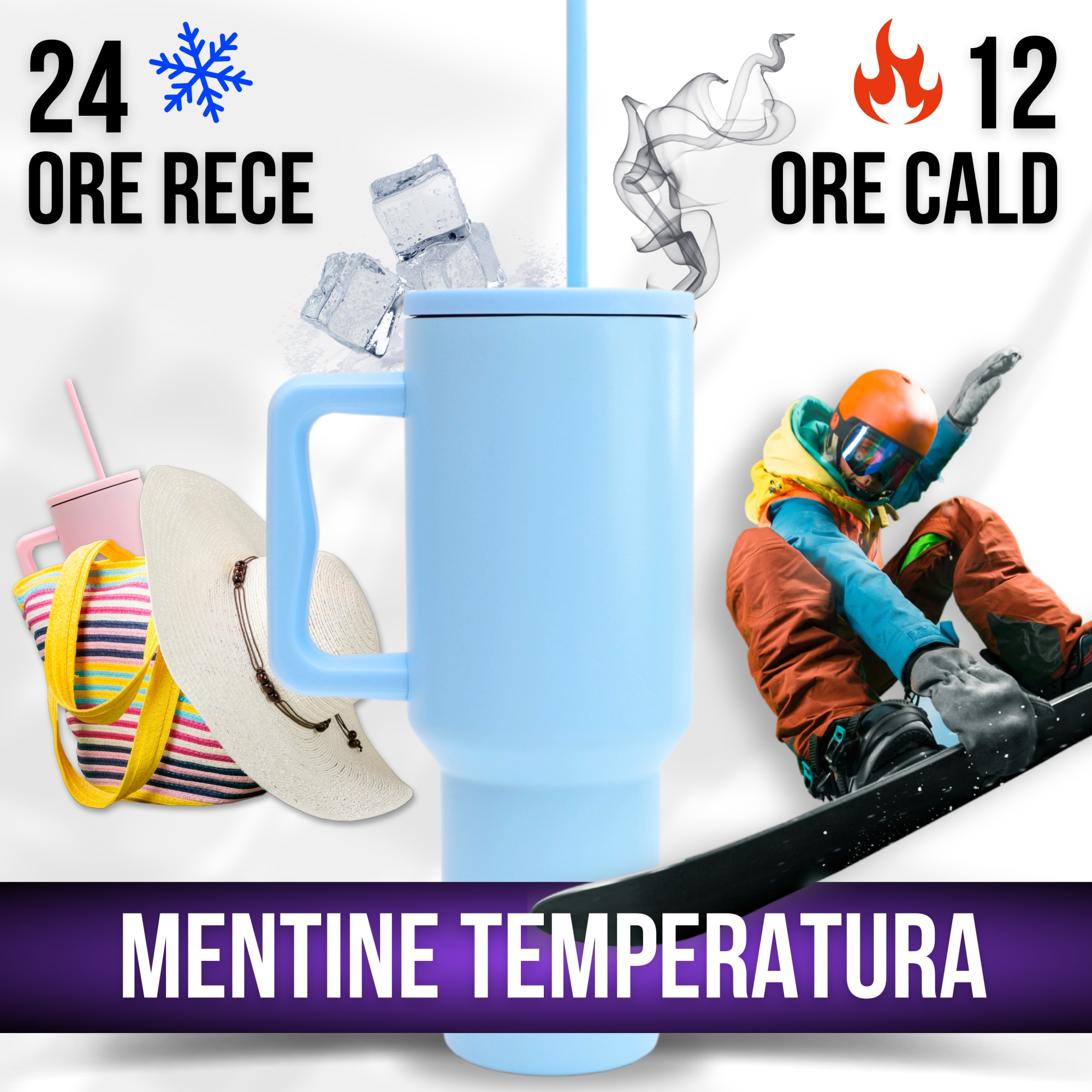 Cana termos cu maner si pai, Purpley®, pentru bauturi calde/reci, otel ...