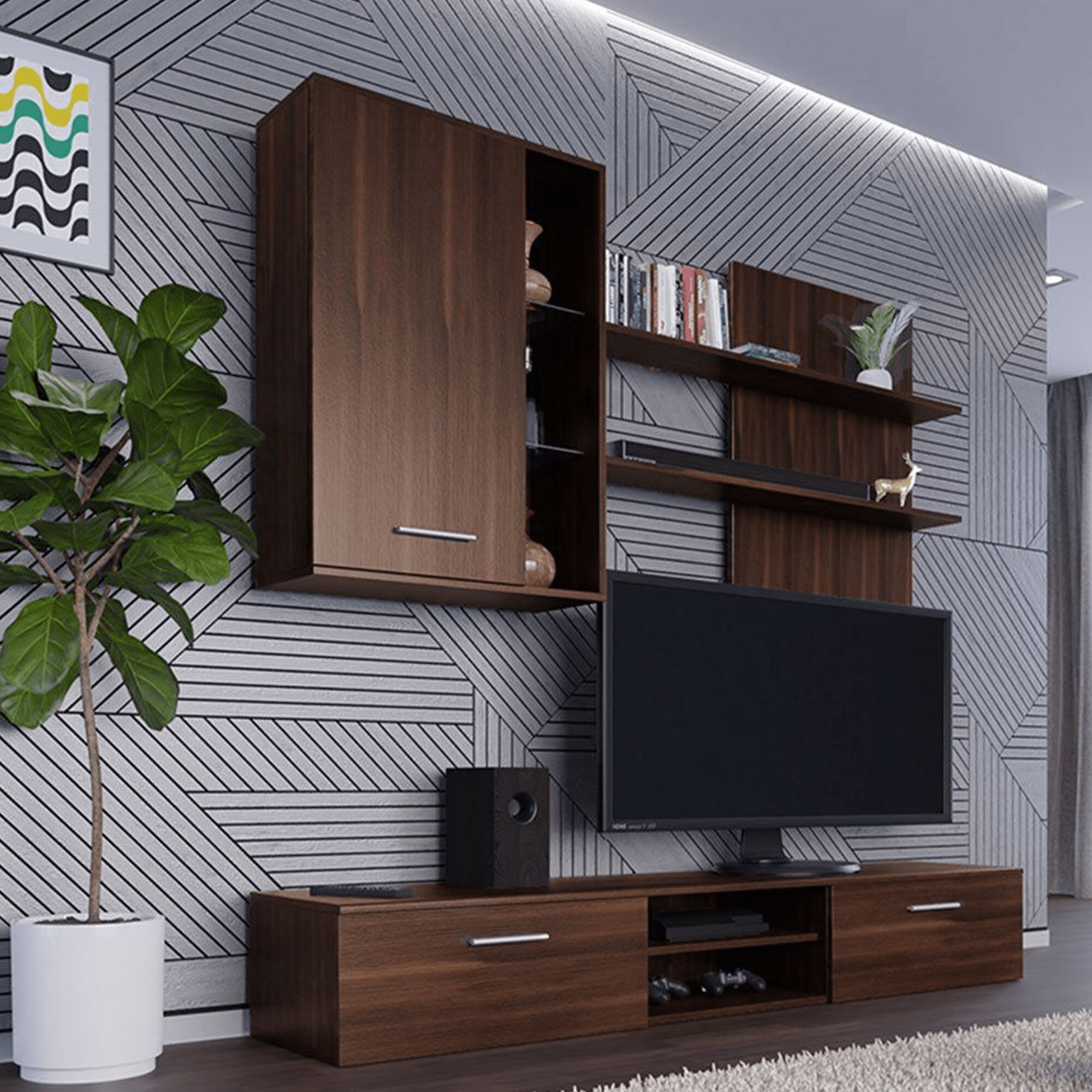 Set mobila living, wenge, 200 cm lungime, cu lumini led, rafturi ...