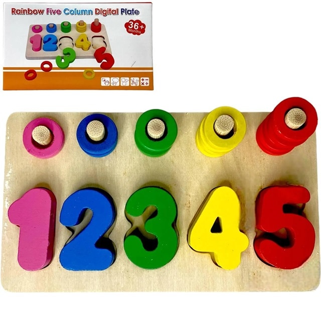 Jucarie educativa din lemn, asociere cifre si inele colorate, 18x11 cm ...