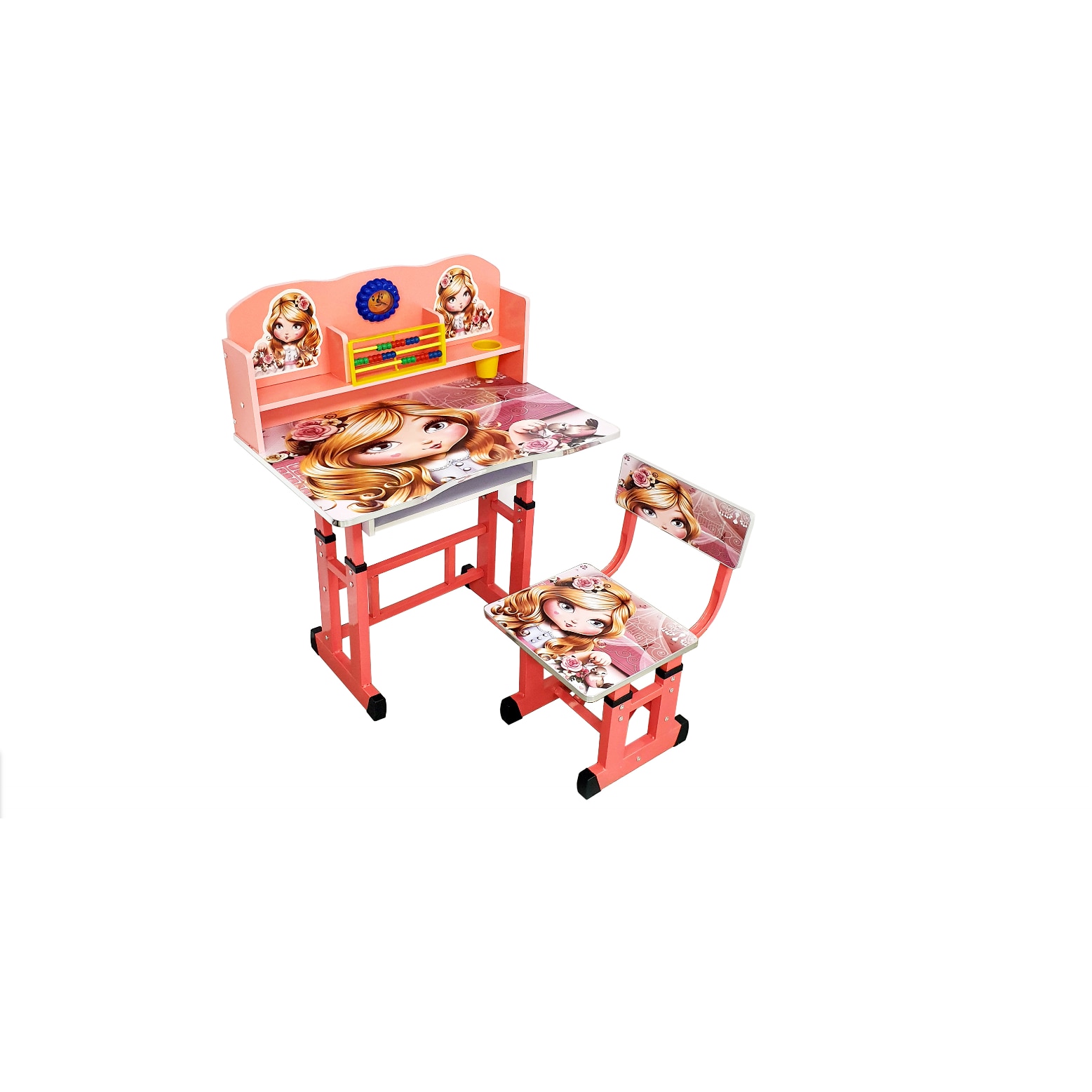Birou cu scaun si sertar pentru copii, reglabil, roz, model fetita ...
