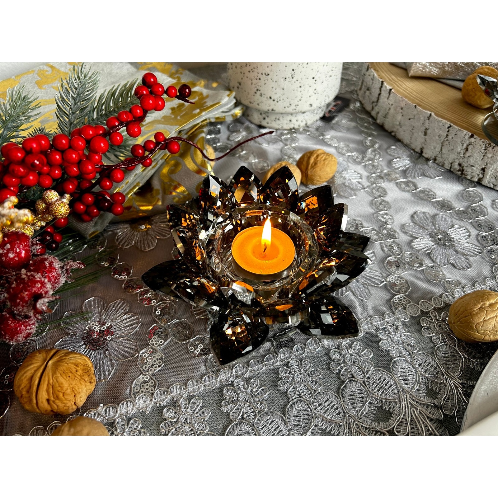 Suport rotativ de lumanare in forma de lotus Glamour Black, Domex Decor ...