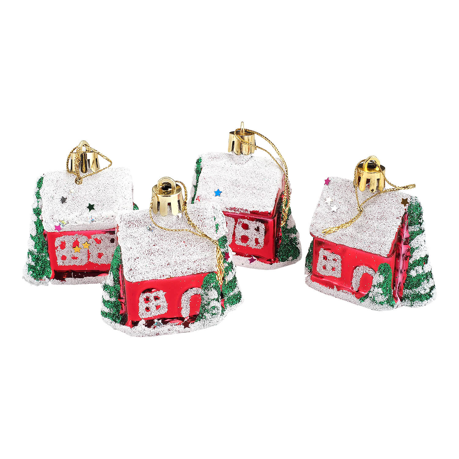 Set 4 globuri Holly, casuta cu stelute si braduti, 5 cm, multicolor ...