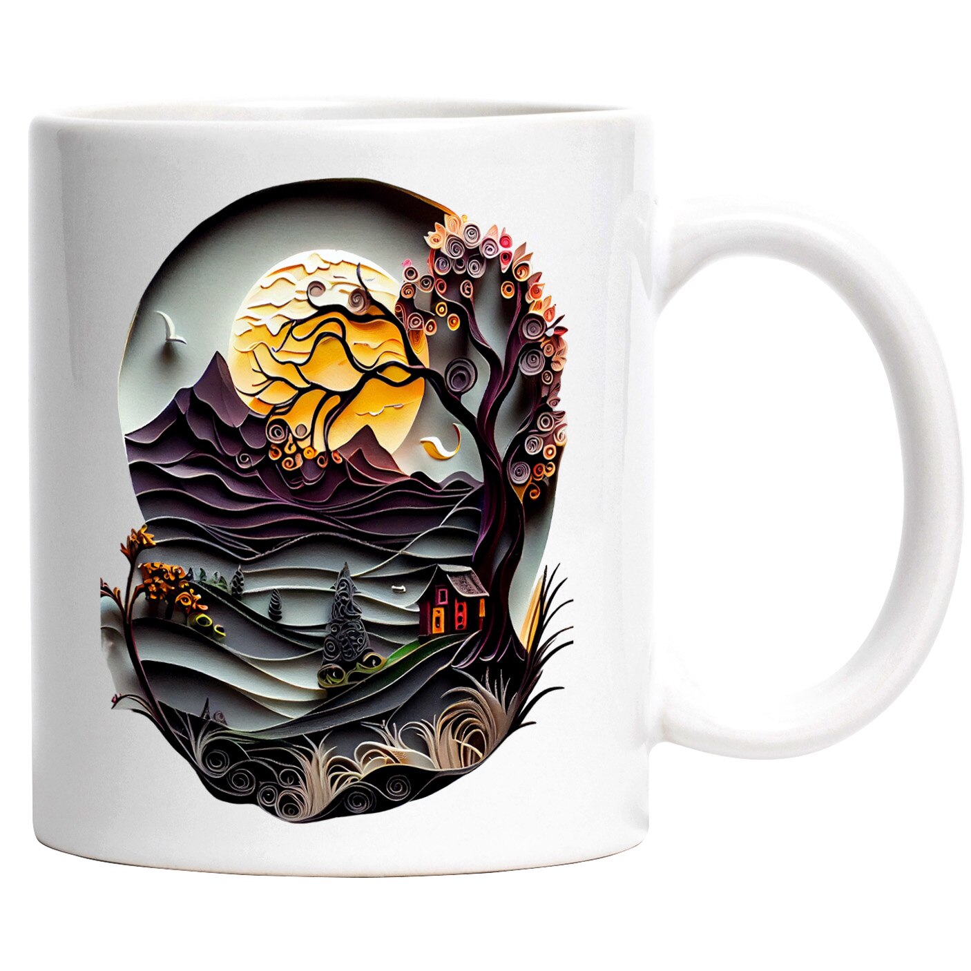 Tájképű bögre, Absztrakt, Papírművészet, Ház, Hegy, Fa, Nap, Többszínű ...