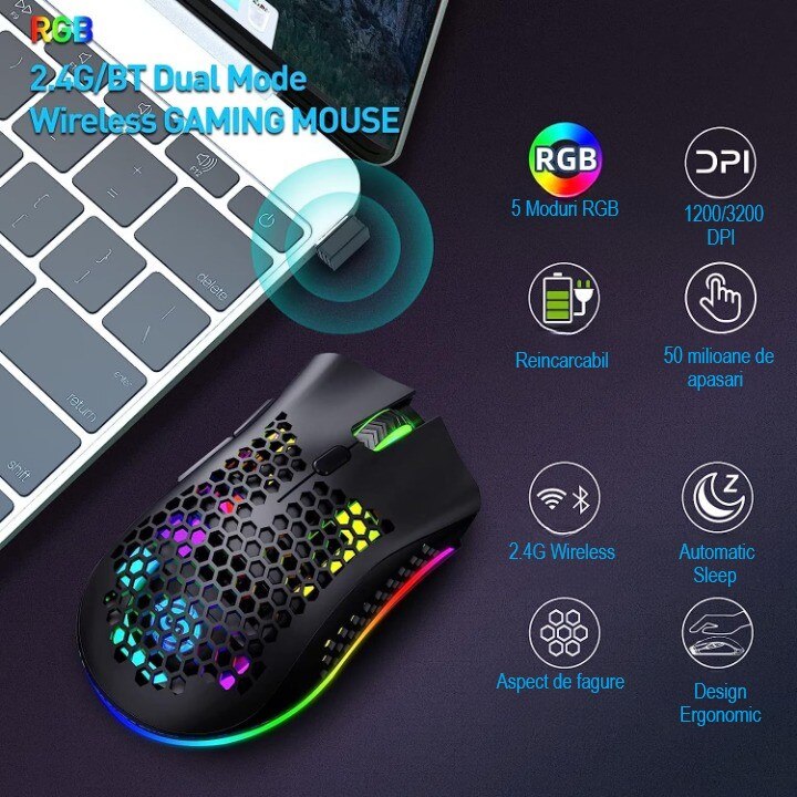 Mouse gaming, DexXer, Wireless, Iluminare RGB, USB, Wireless 2.4 G ...