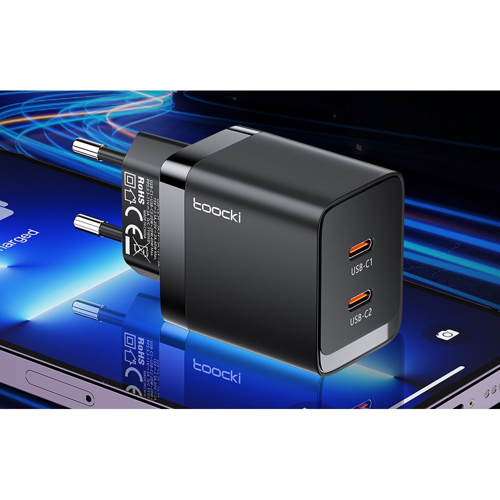 Incarcator de Retea GaN Toocki, Fast Charge, 2 x USB-C, 40W, Negru ...