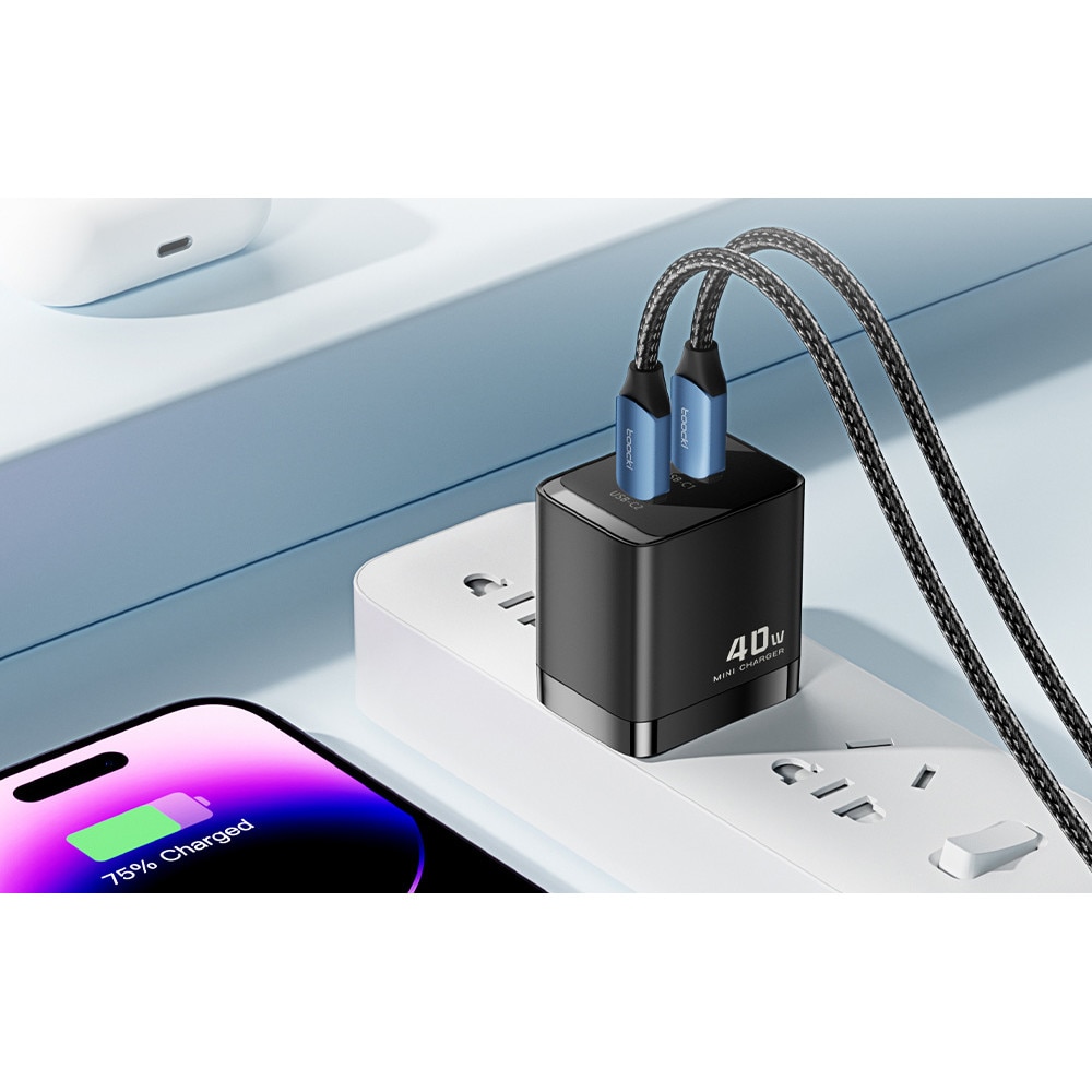 Incarcator de Retea GaN Toocki, Fast Charge, 2 x USB-C, 40W, Negru ...