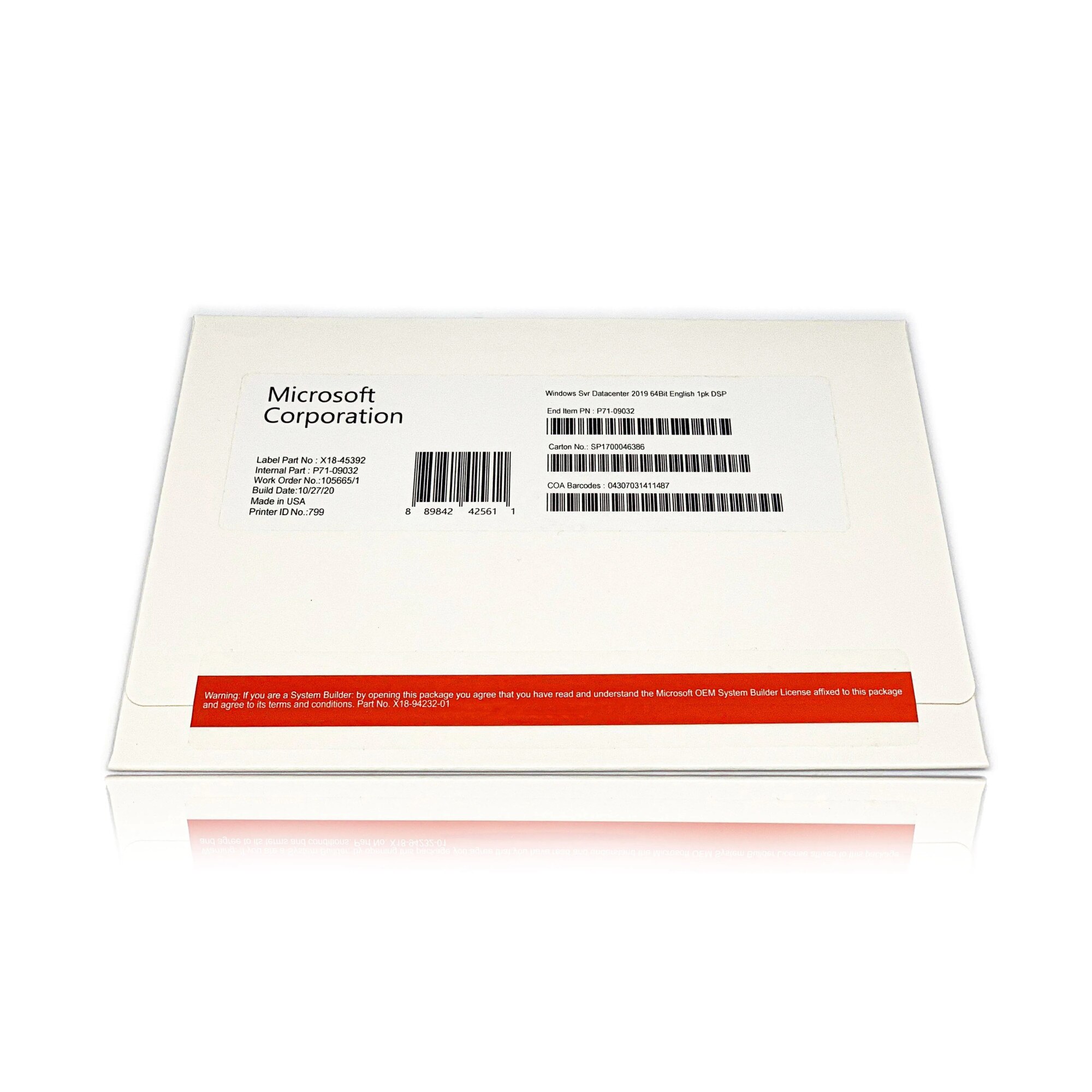 Microsoft® Windows Server DATACENTER 2019 64bit English INTL, 1PK, DSP ...