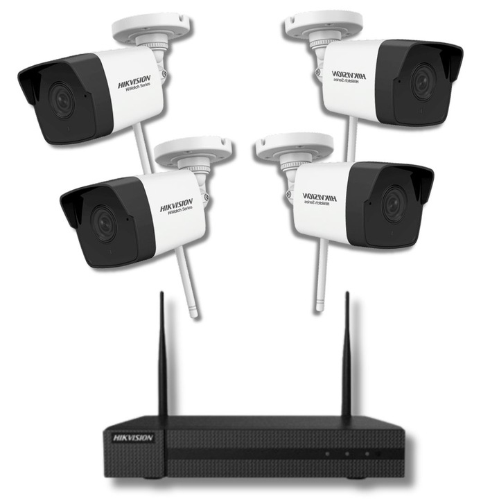 Kit supraveghere Hikvision seria HiWatch 4 camere IP Wi-Fi 2 Megapixeli ...