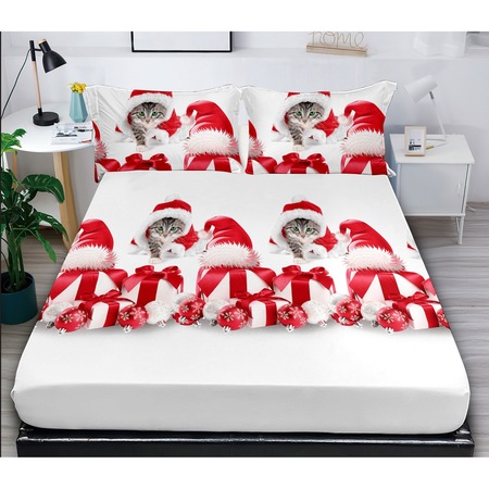 Cearceaf Din Finet Cu Elastic, 180x200, Alb Cu Pisicute Craciun, CFE7 ...