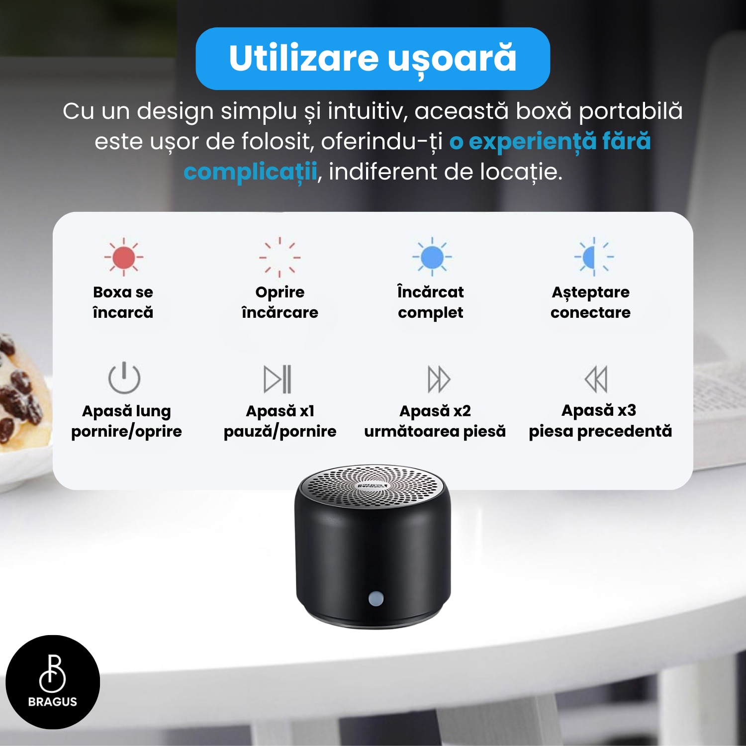 Boxa Portabila Mini, BRAGUS, Boxa Bluetooth 5.0, Rezistenta la Apa IPX7 ...