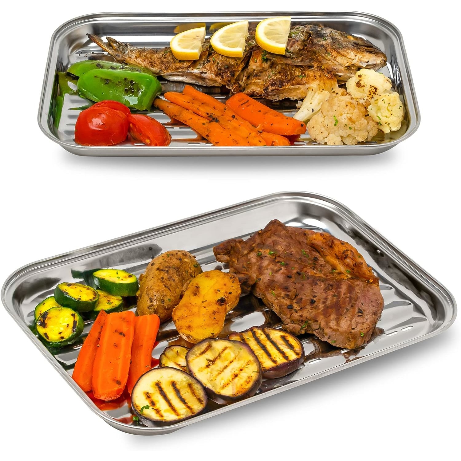 Tavi servire gratar, Gourmeo, 2 buc, cu gauri, 35x24x3 cm, inox - eMAG.ro