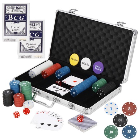 Set de Poker Complex cu 300 de jetoane, 2 seturi de carti, 5 zaruri, in ...