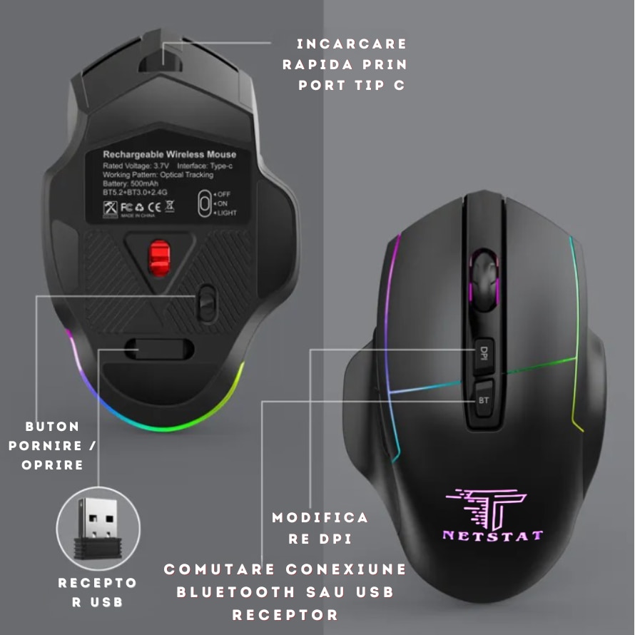 Mouse Wireless RGBX Profesional pentru Gaming si Birou NETSTAT ...