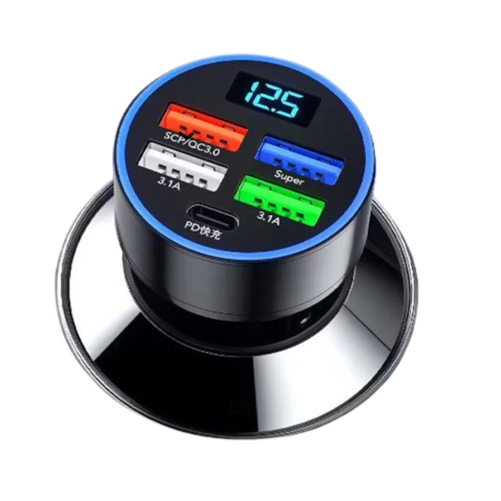 Incarcator auto 12V, 5xUSB, 150W, Fast Charging, PD QC3.0, 3.1, type C ...