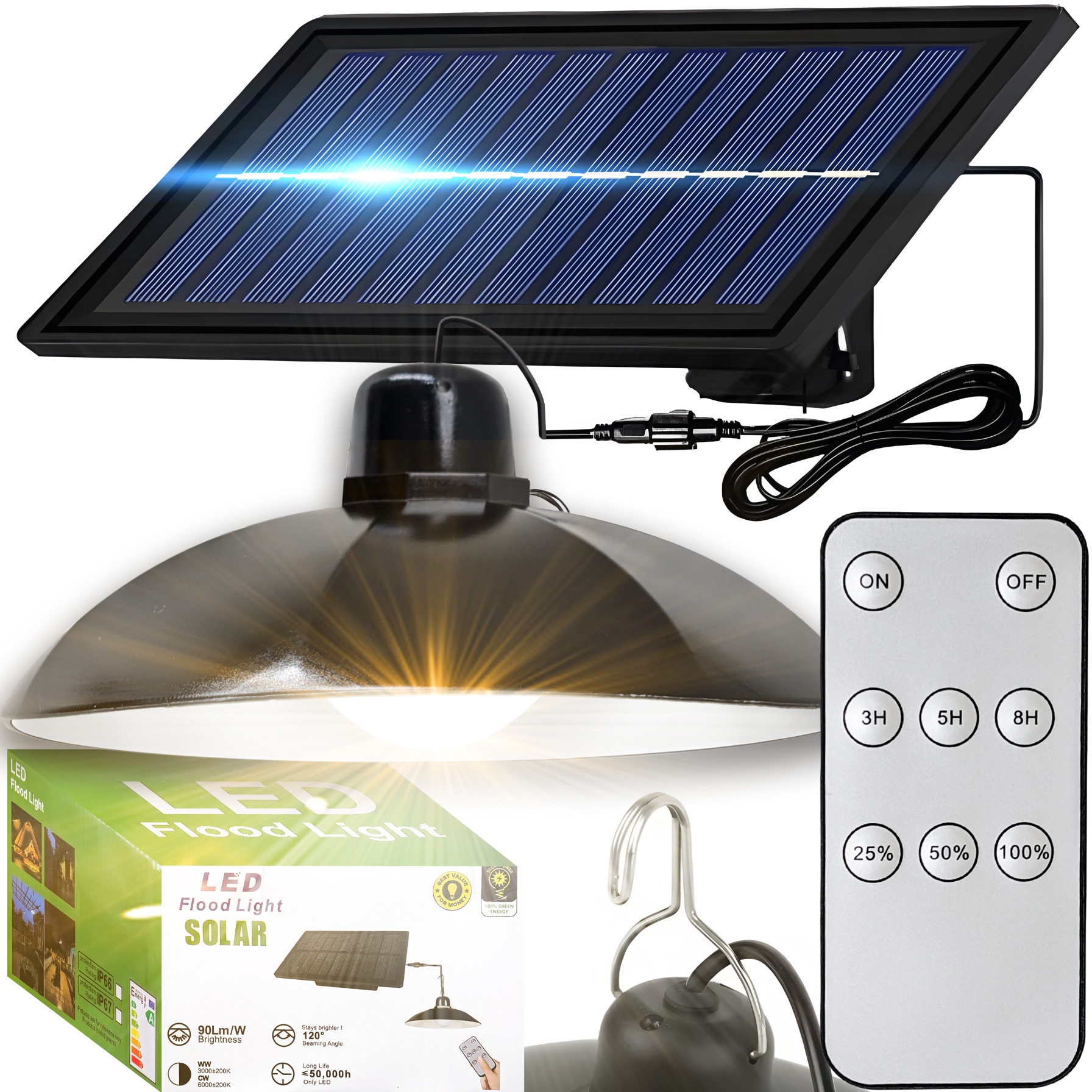 Lampa Solara Suspendata cu Telecomanda, Cablu 3m, IP65, Acumulator ...