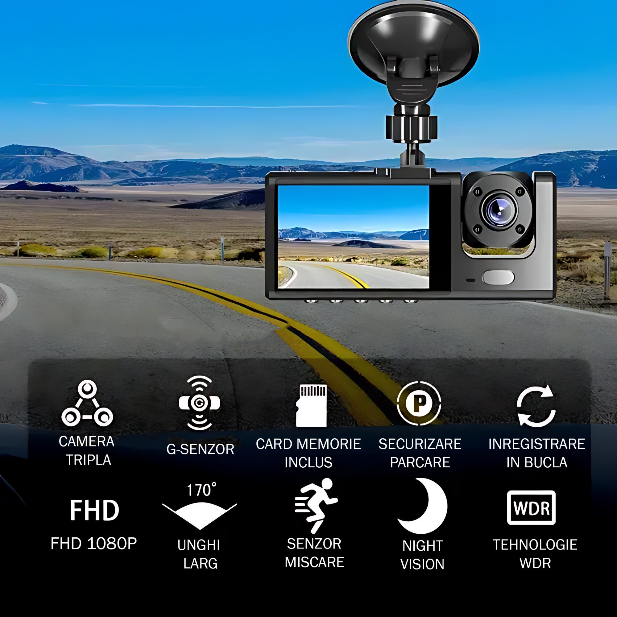 Camera tripla auto de bord EVONYX®, Full HD 1080P, 3 Lentile, Card ...