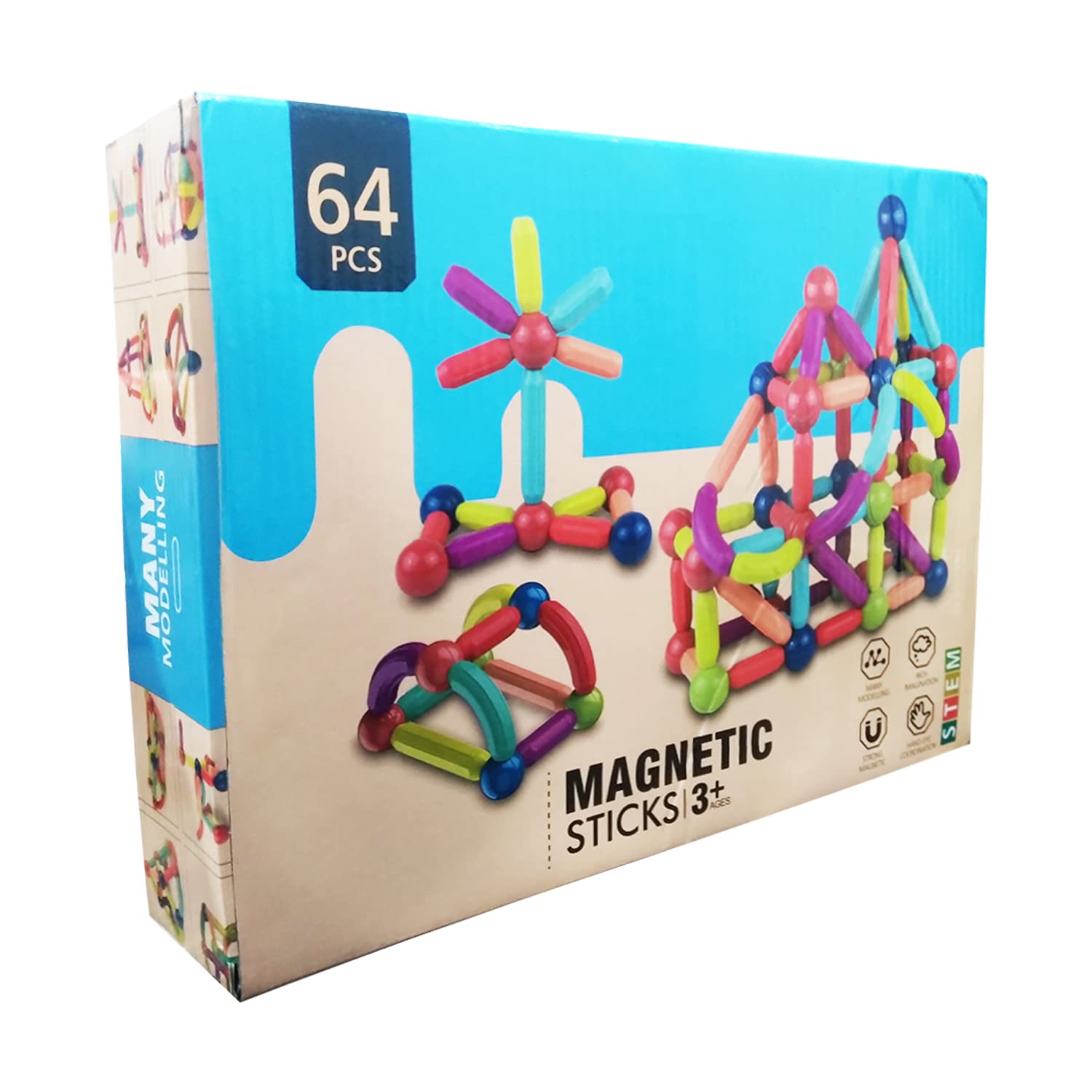 Joc STEM de Construit Magnetic: MAGNETIC STICKS (64 piese) - eMAG.ro