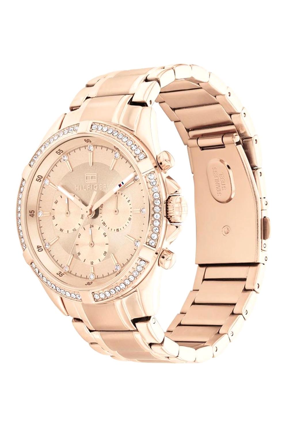 Tommy Hilfiger, Часовник от неръждаема стомана с циркони, Златисто ...