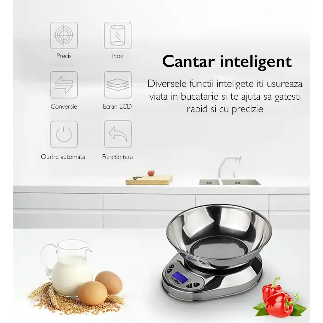 Cantar De Bucatarie Profesional Techone® Kitchen Master, Full Inox, Bol Detasabil Inclus, 5Kg ...