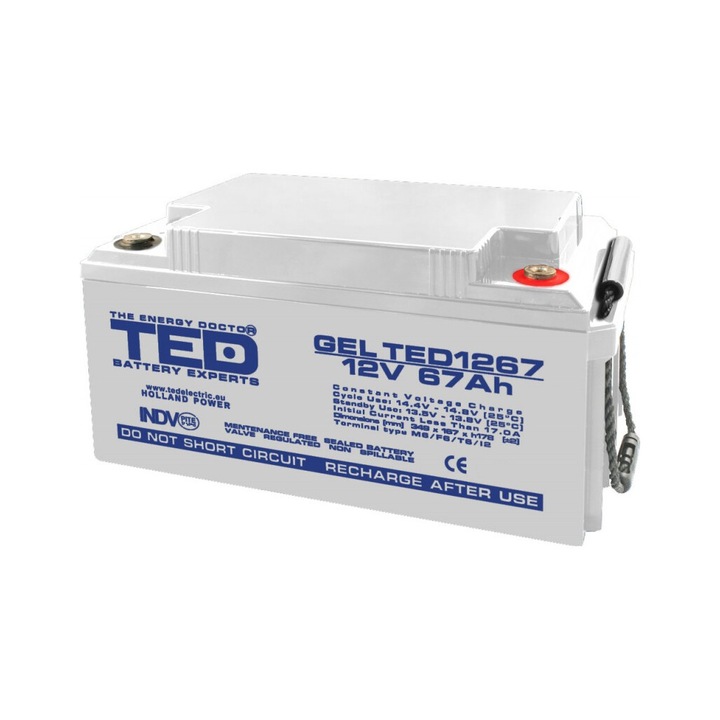 Acumulator AGM VRLA 12V 67A GEL Deep Cycle 350mm x 166mm x h 176mm M6 ...