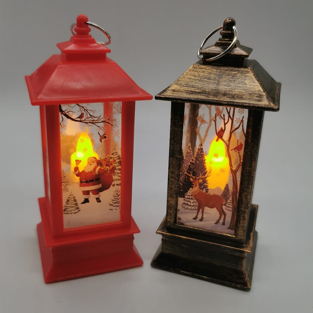 Set 2 Felinare de Craciun 13 cm cu lumina LED calda sclipitoare, Rosu ...