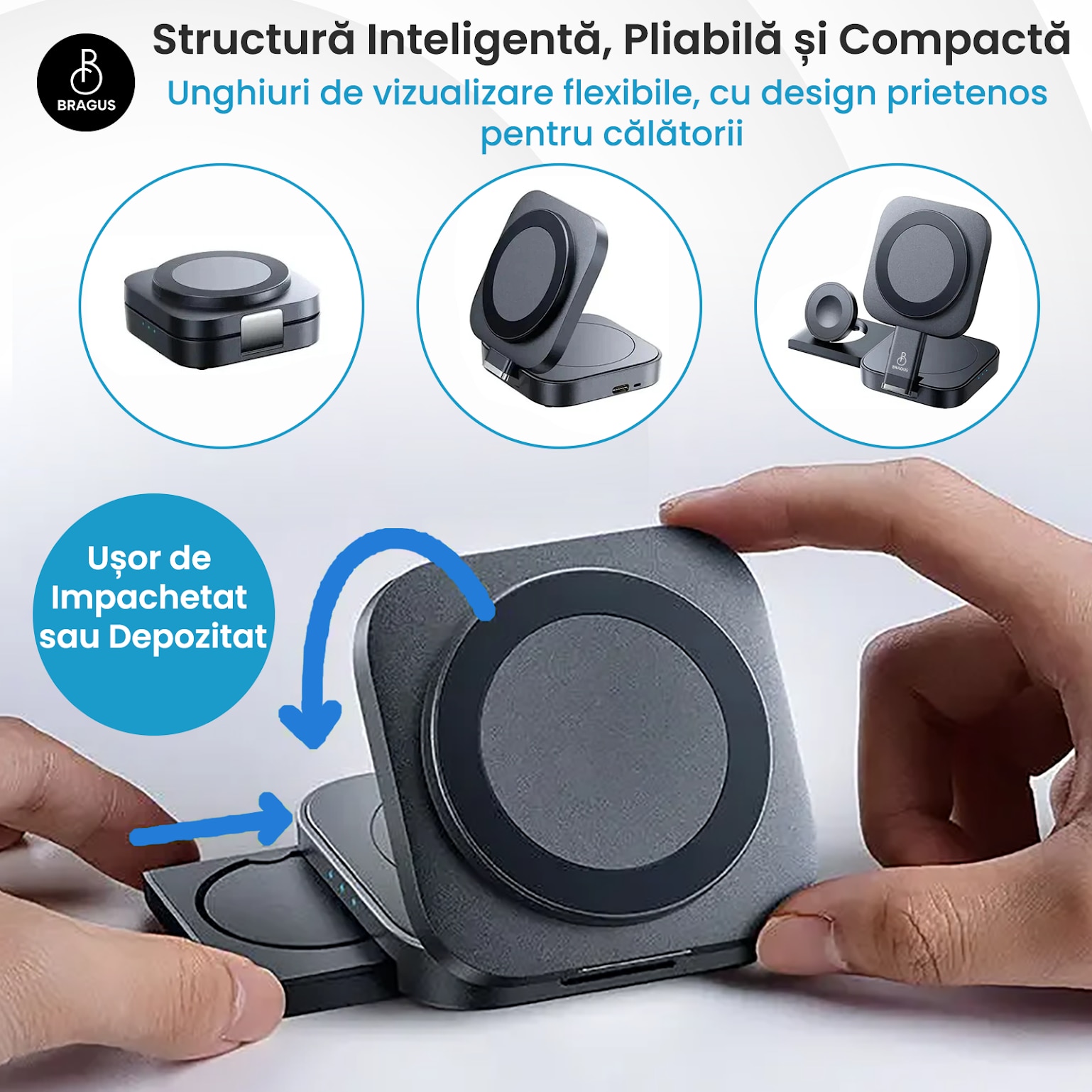 Incarcator Wireless 3 in 1, BRAGUS, Incarcare Simultana 3 Dispozitive ...