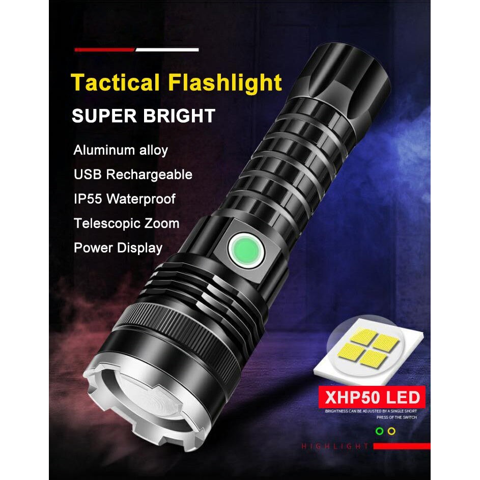 XHP50 LED taktikai zseblámpa, professzionális, USB töltés, 5 fénymód ...