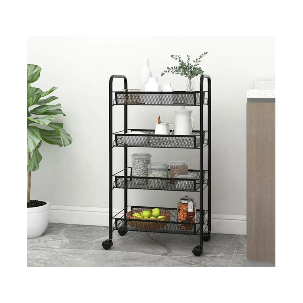 Raft multifunctional din metal pe roti, cu patru nivele, negru - eMAG.ro