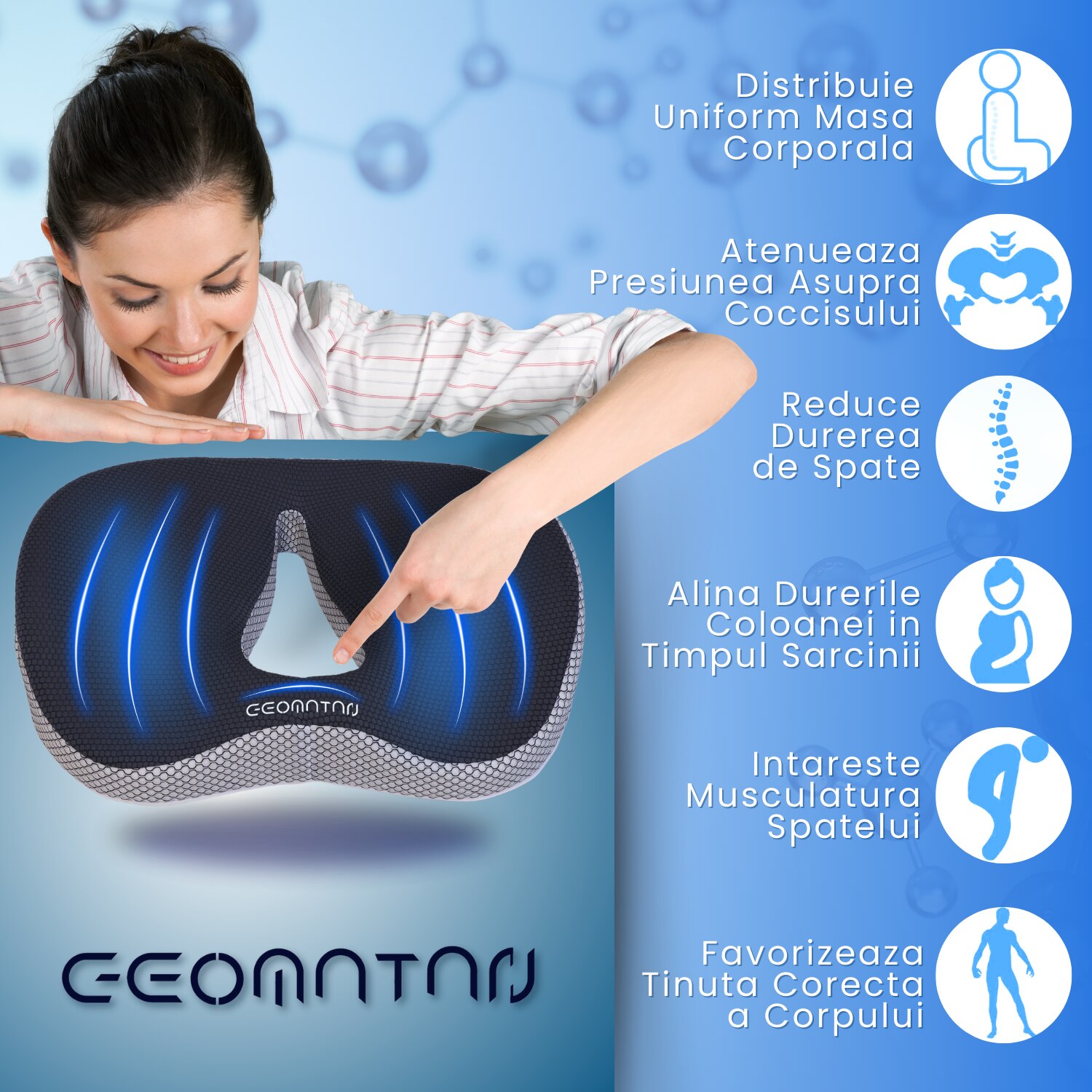 Perna ortopedica sezut GEOMATAN®, Spuma cu memorie Premium, pentru ...