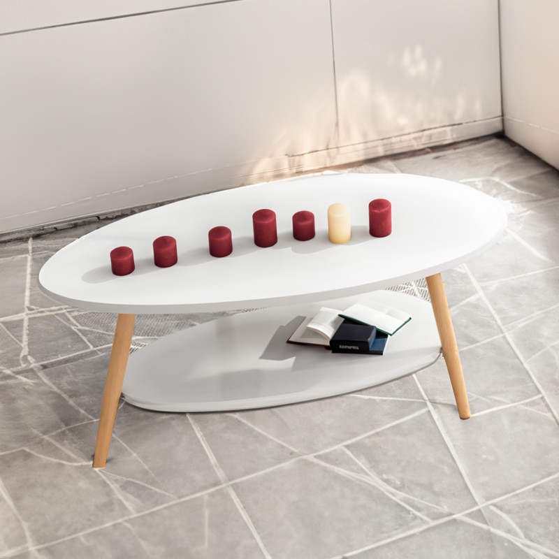 Masuta cafea Ovala, Alb, 90x50x42 cm, cu raft depozitare, lemn - eMAG.ro