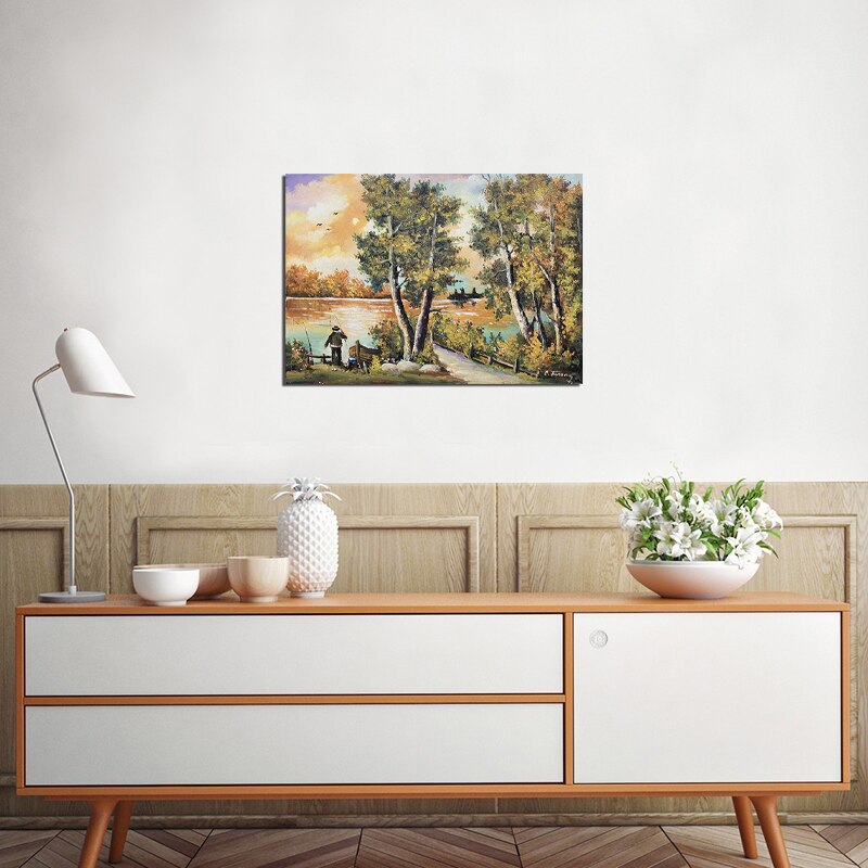 Tablou pictat manual Artnova, Pescarul norocos, peisaj apus de soare ...