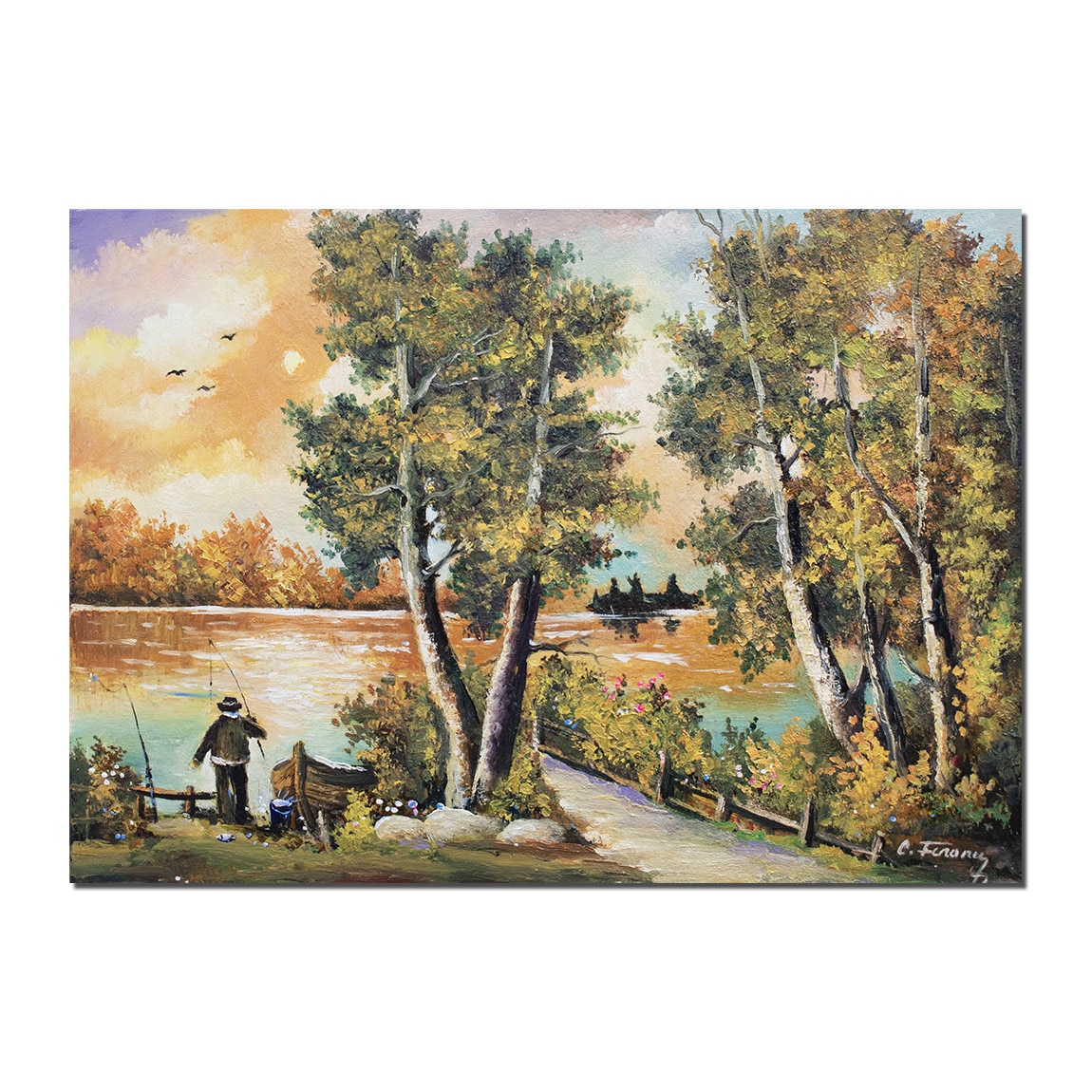 Tablou pictat manual Artnova, Pescarul norocos, peisaj apus de soare ...